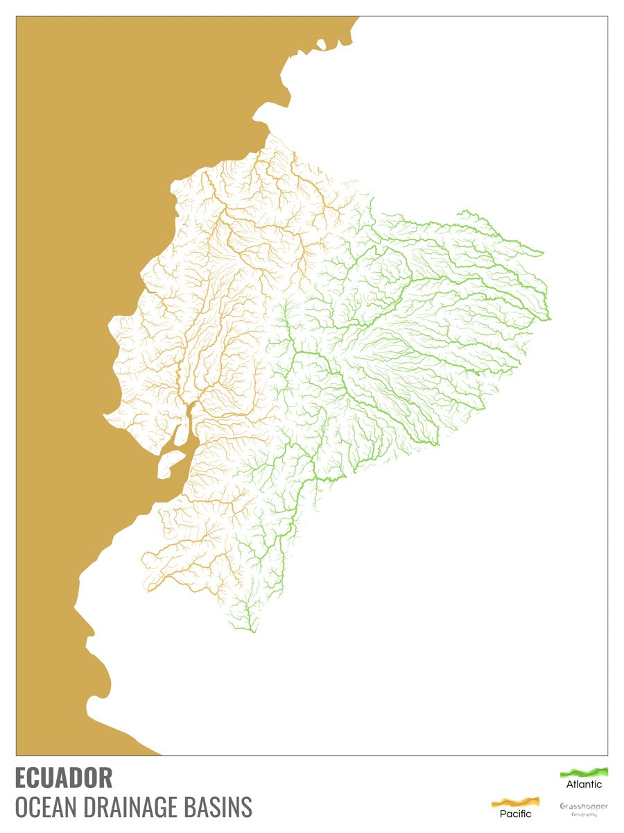 Ocean drainage basin map of Ecuador - white with polygons and legend ...