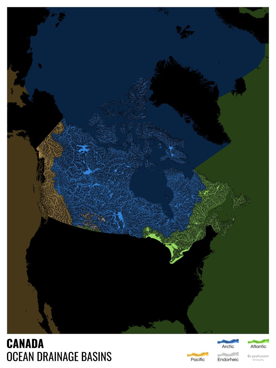 Ocean drainage basin map of Canada - black with polygons and legend ...