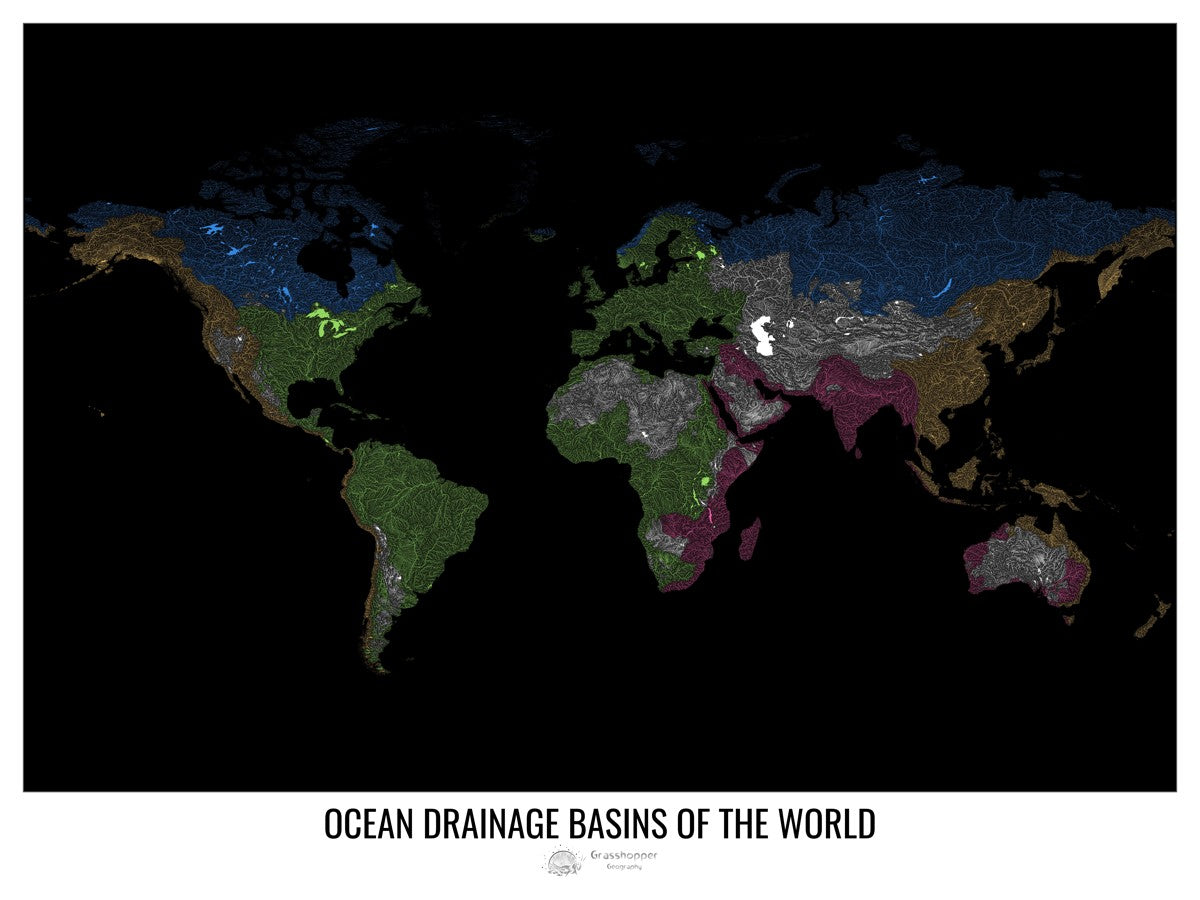 Ocean drainage basin map of the world - black – Grasshopper Geography