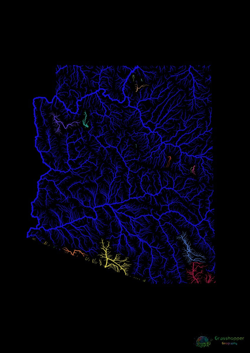 River basin map of Arizona with black background – Grasshopper Geography