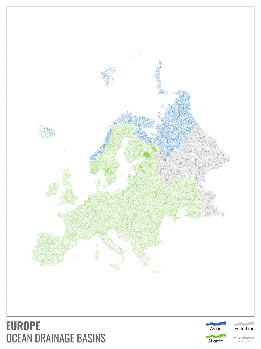 Ocean drainage basin map of Europe - white with legend – Grasshopper ...