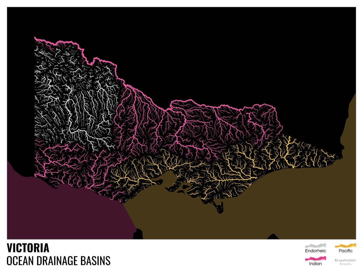 Ocean drainage basin map of Victoria - black with polygons and legend ...