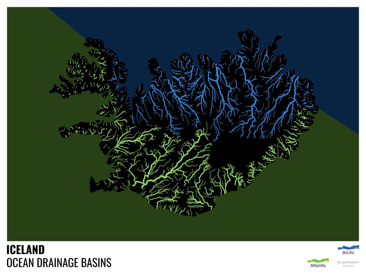 Ocean drainage basin map of Iceland - black with polygons and legend ...
