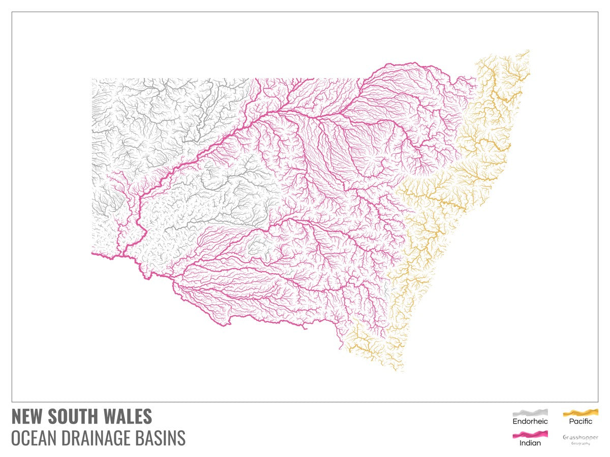 Ocean drainage basin map of New South Wales - white with legend ...