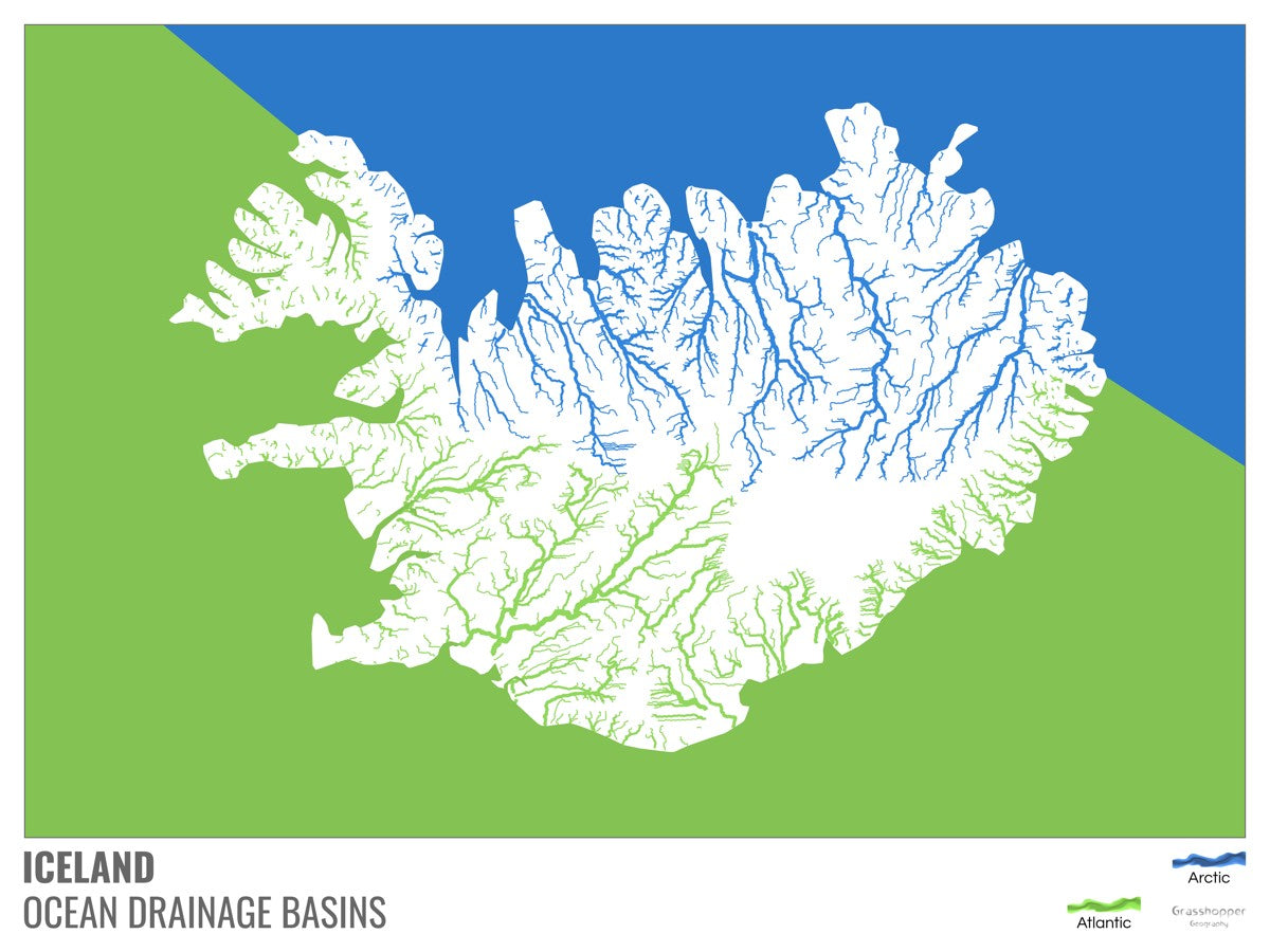 Ocean drainage basin map of Iceland - white with polygons and legend ...