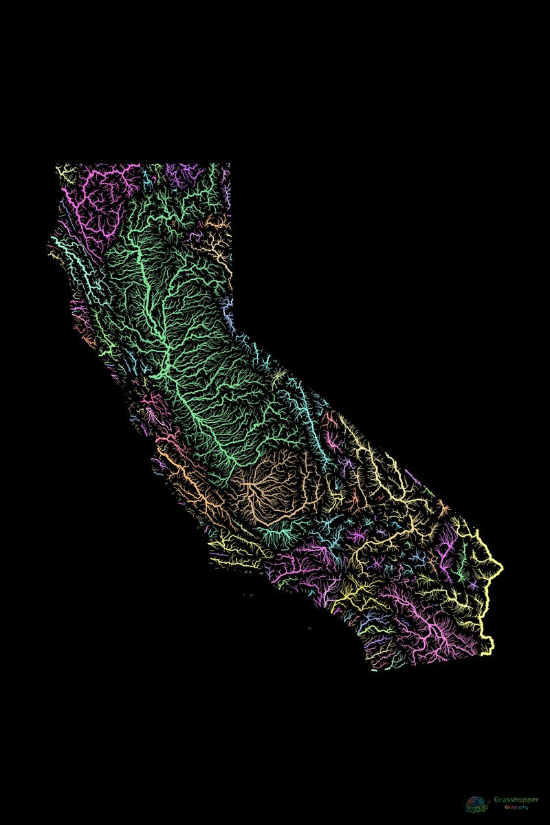 CUSTOM River basin map of California pastel on black – Grasshopper ...
