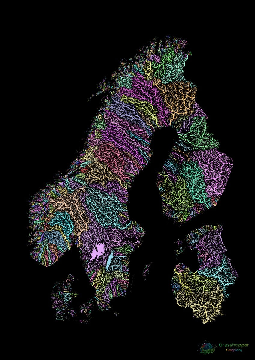 River basin map of Scandinavia pastel on black – Grasshopper Geography