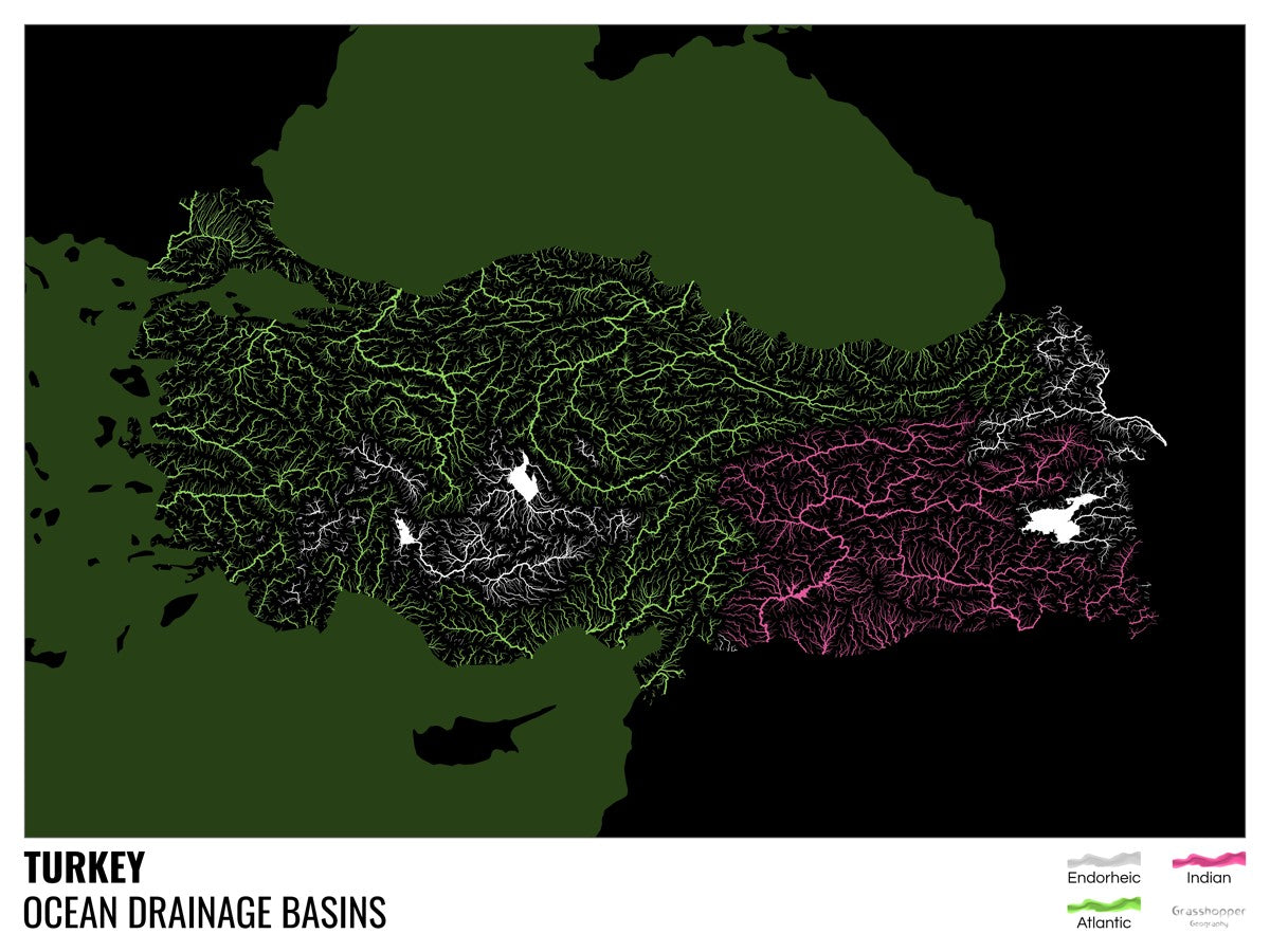 Ocean drainage basin map of Turkey - black with polygons and legend ...