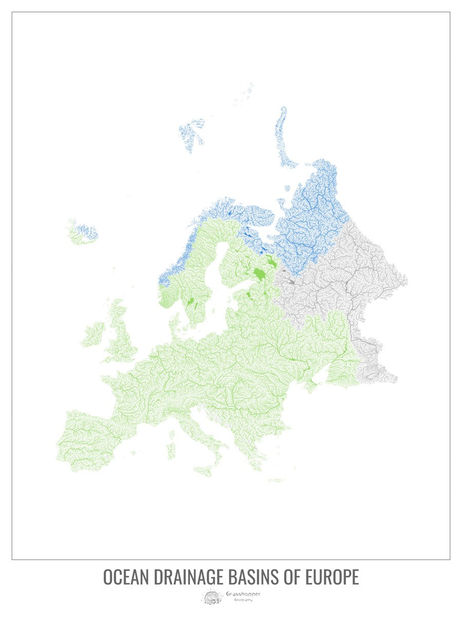 Ocean drainage basin map of Europe - white – Grasshopper Geography