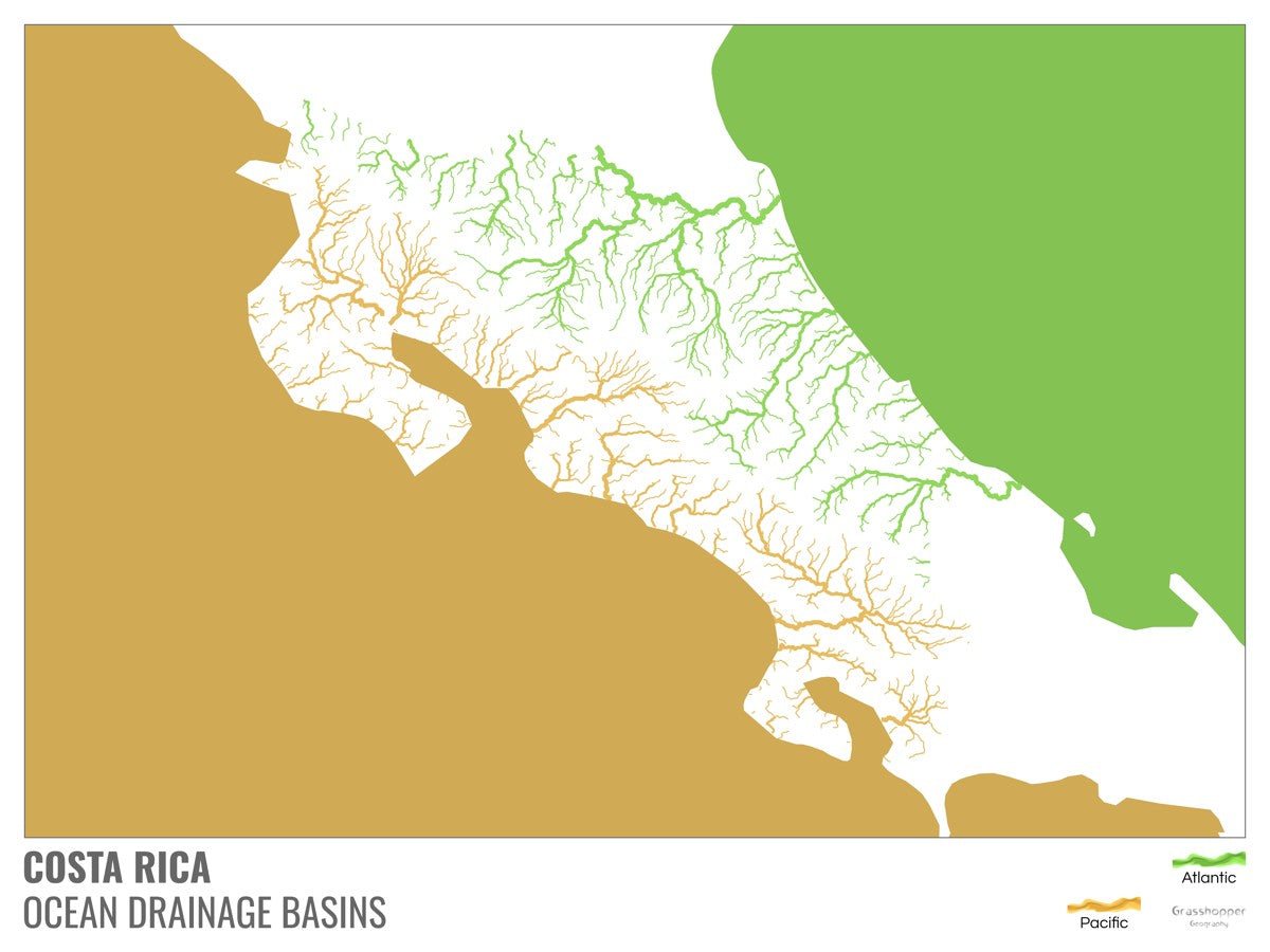 Ocean drainage basin map of Costa Rica - white with polygons and legen ...