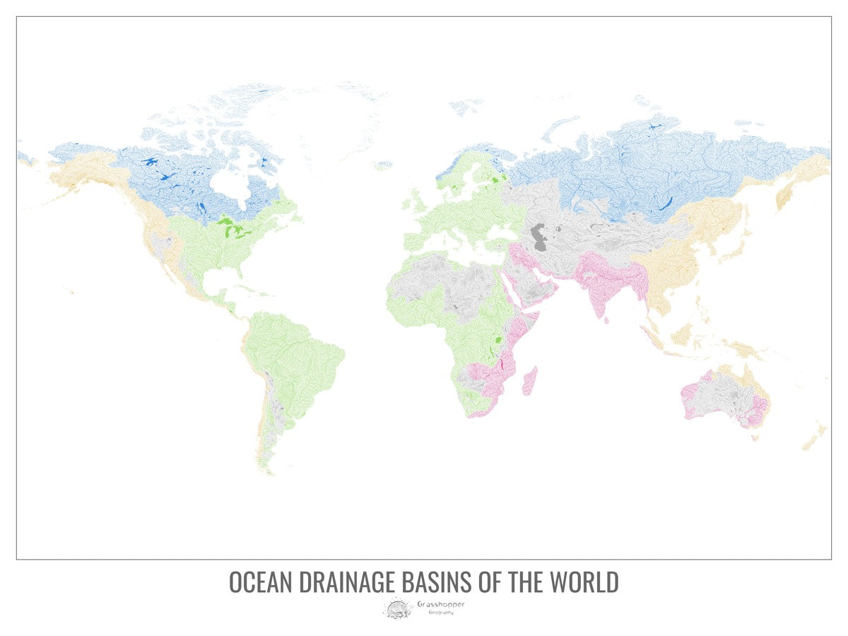 Ocean drainage basin map of the world - white – Grasshopper Geography