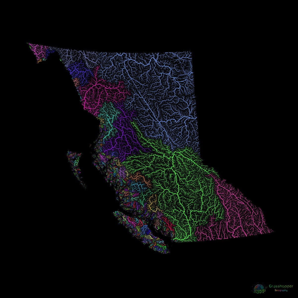 CUSTOM British Columbia river basin map – Grasshopper Geography