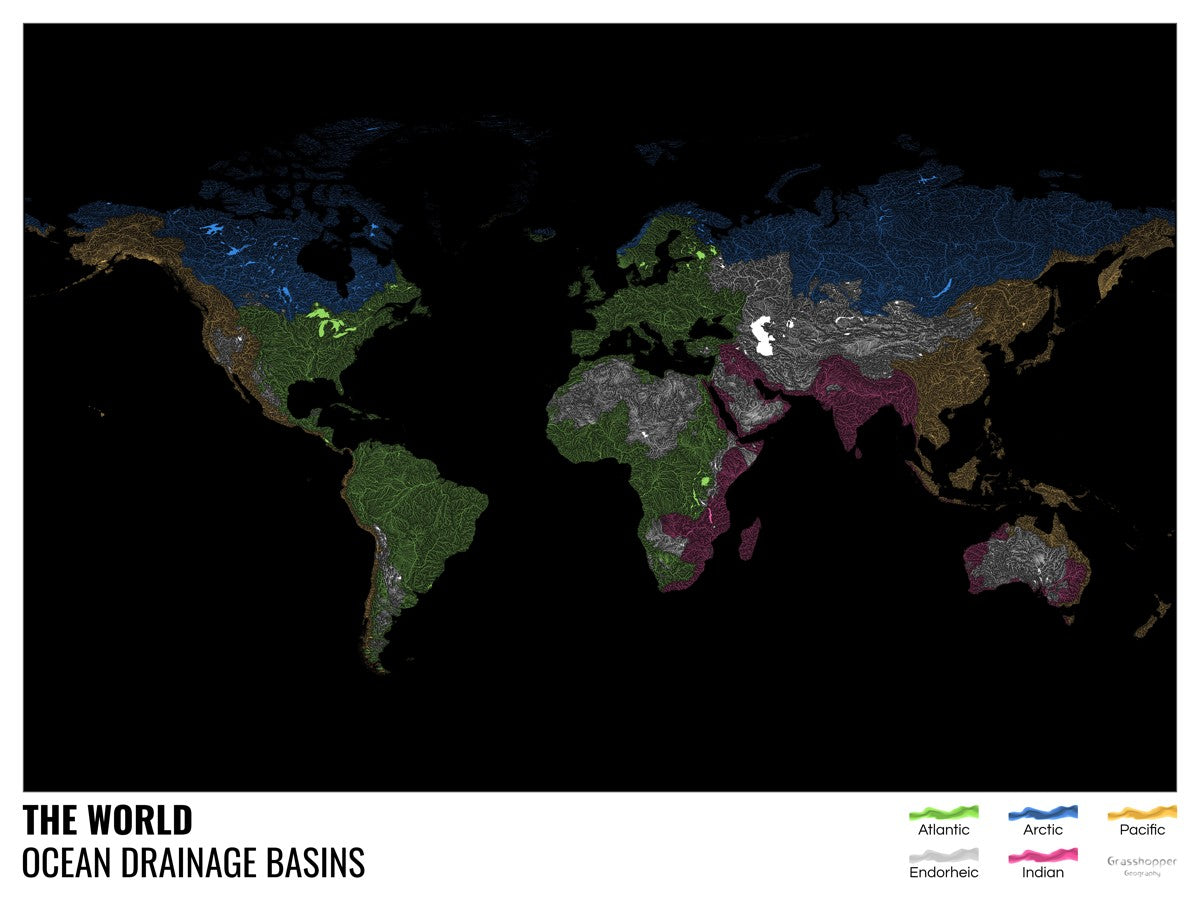 Ocean drainage basin map of the world - black with legend – Grasshopper ...