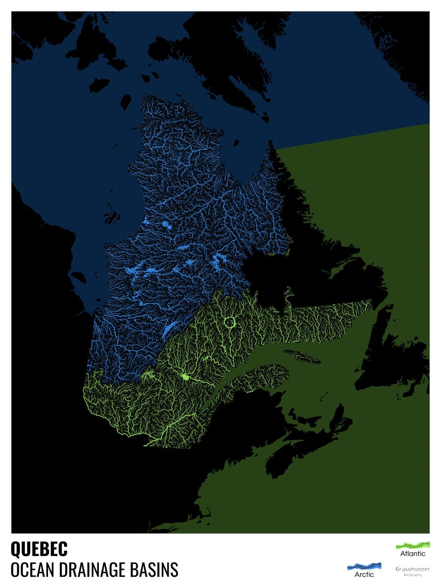 Ocean drainage basin map of Quebec - black with polygons and legend ...