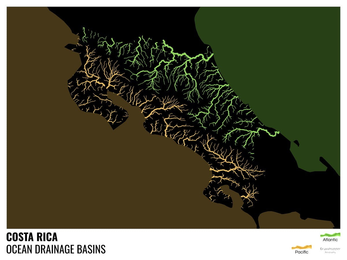 Ocean drainage basin map of Costa Rica - black with polygons and legen ...