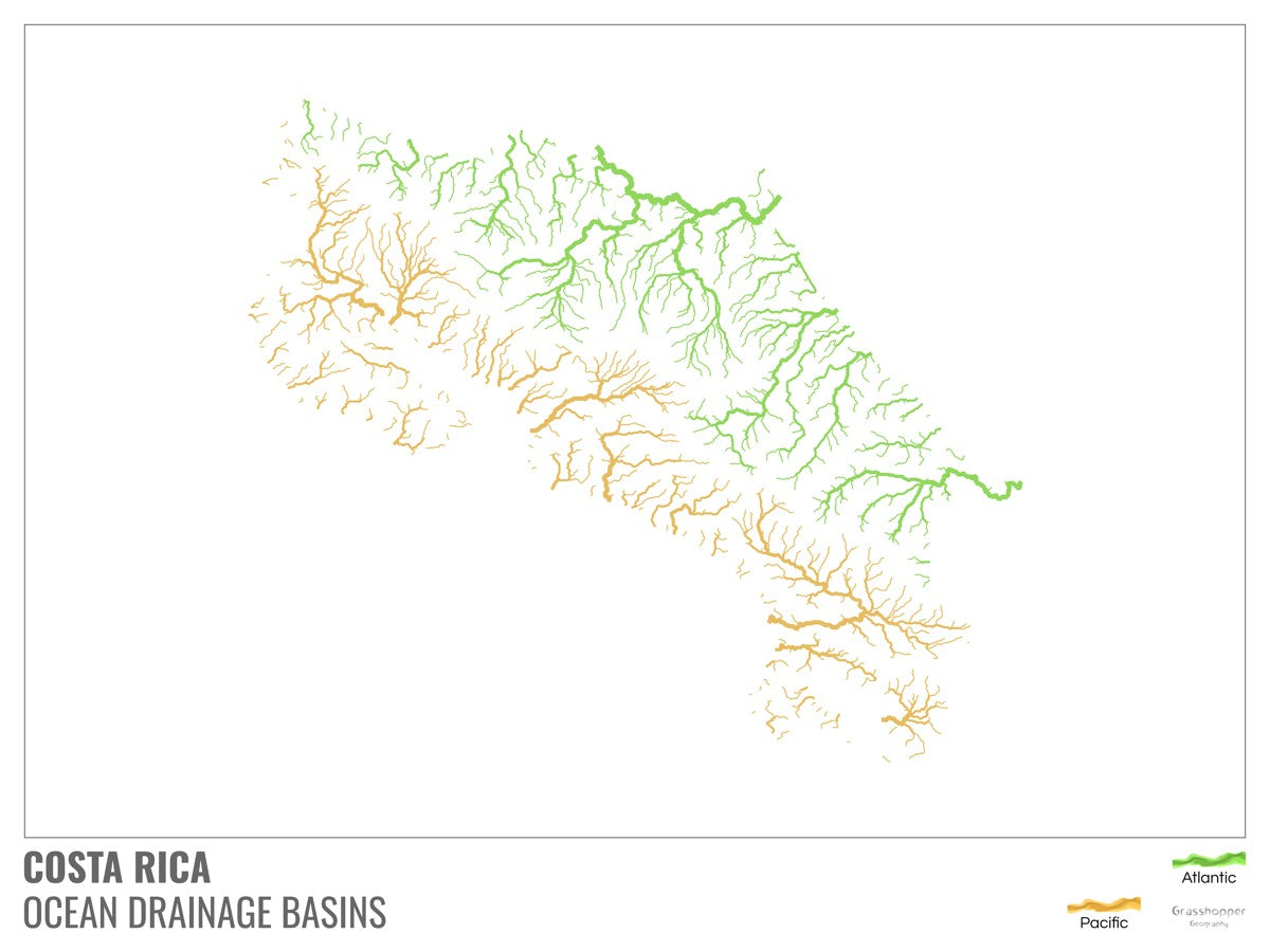 Ocean drainage basin map of Costa Rica - white with legend ...