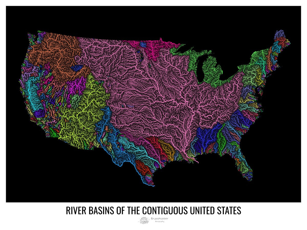 CUSTOM United States - River basin map, black - – Grasshopper Geography