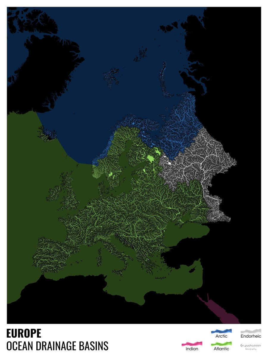 Ocean drainage basin map of Europe - black with polygons and legend ...