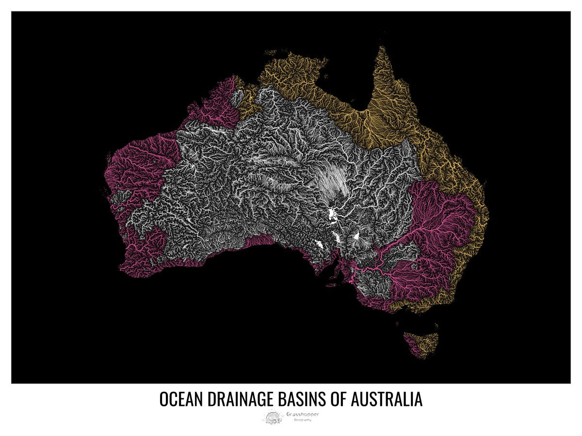 Ocean drainage basin map of Australia - black – Grasshopper Geography