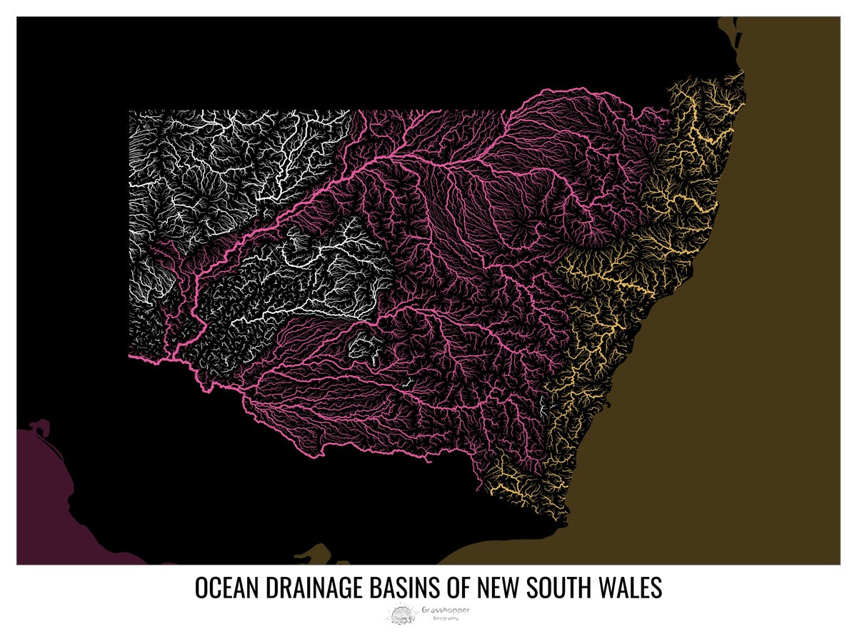 Ocean drainage basin map of New South Wales - black with polygons ...