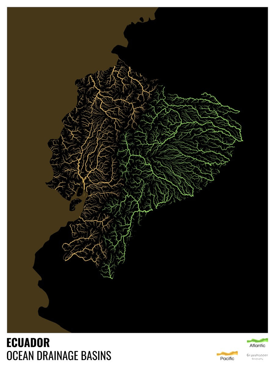 Ocean drainage basin map of Ecuador - black with polygons and legend ...