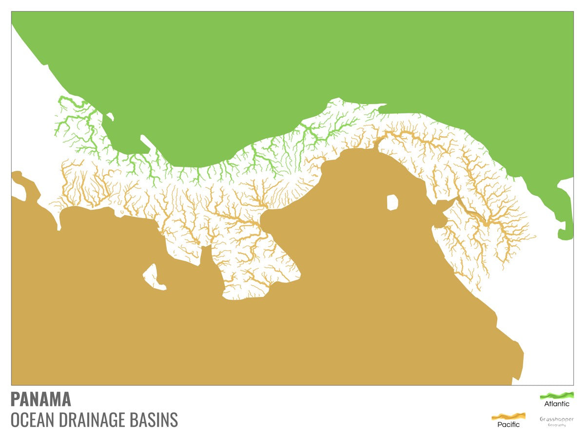 Ocean drainage basin map of Panama - white with polygons and legend ...