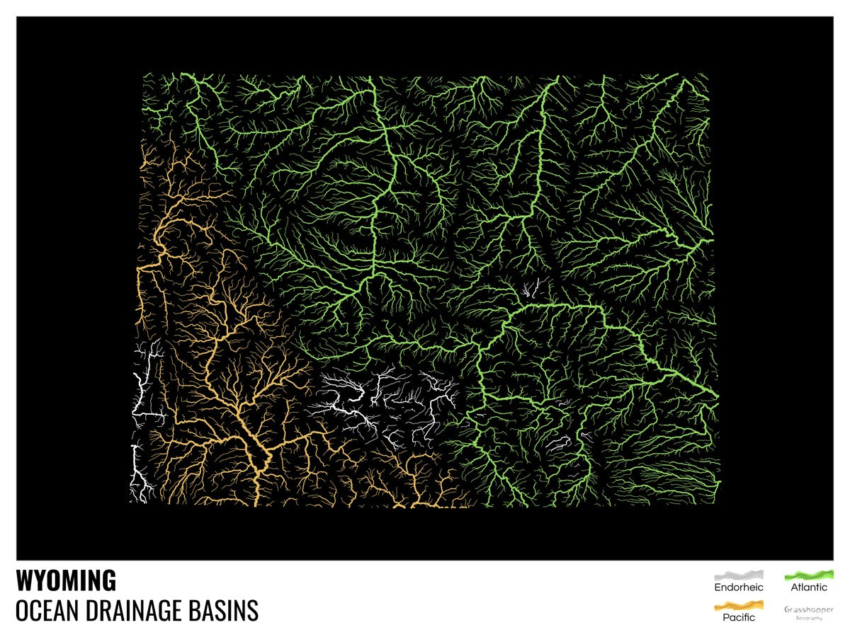 Ocean drainage basin map of Wyoming - black with legend – Grasshopper ...