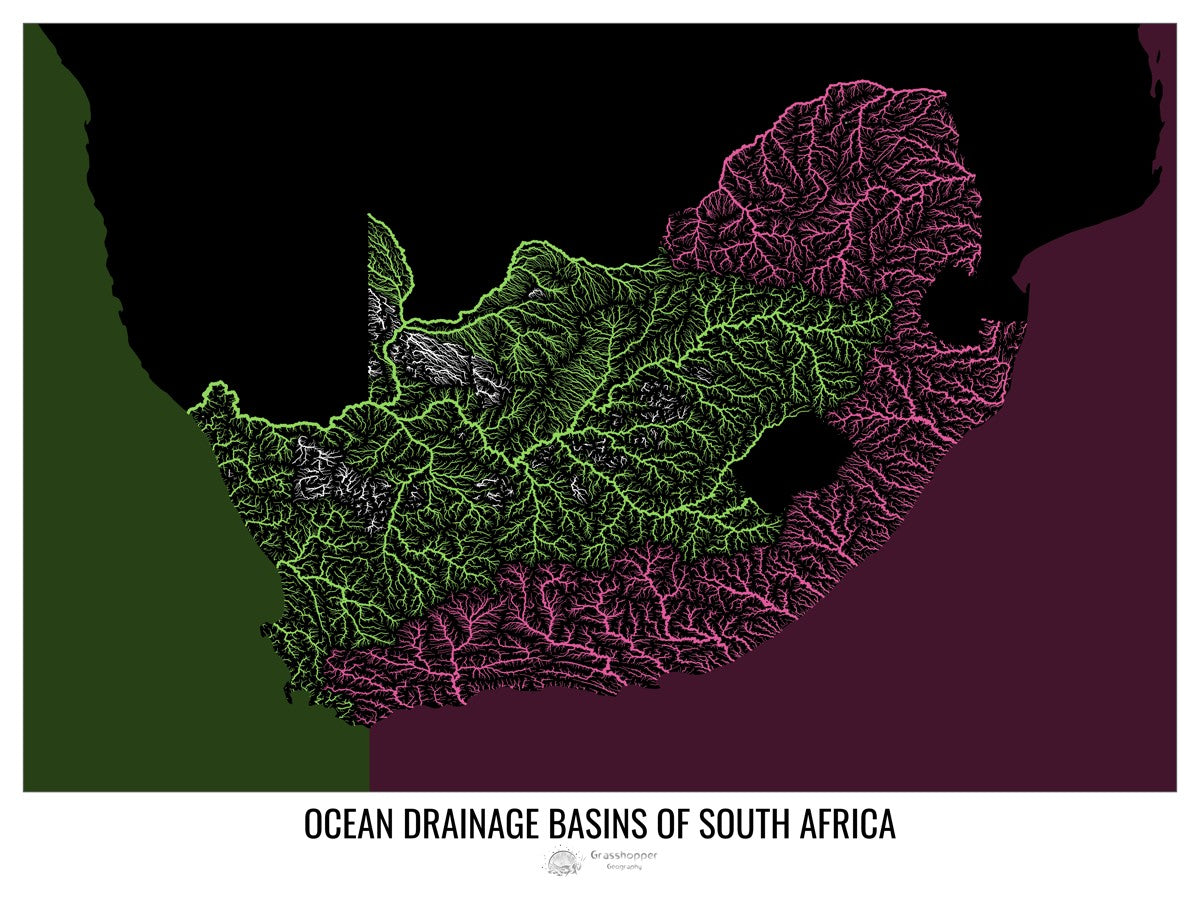 Ocean drainage basin map of South Africa - black with polygons – Grasshopper Geography