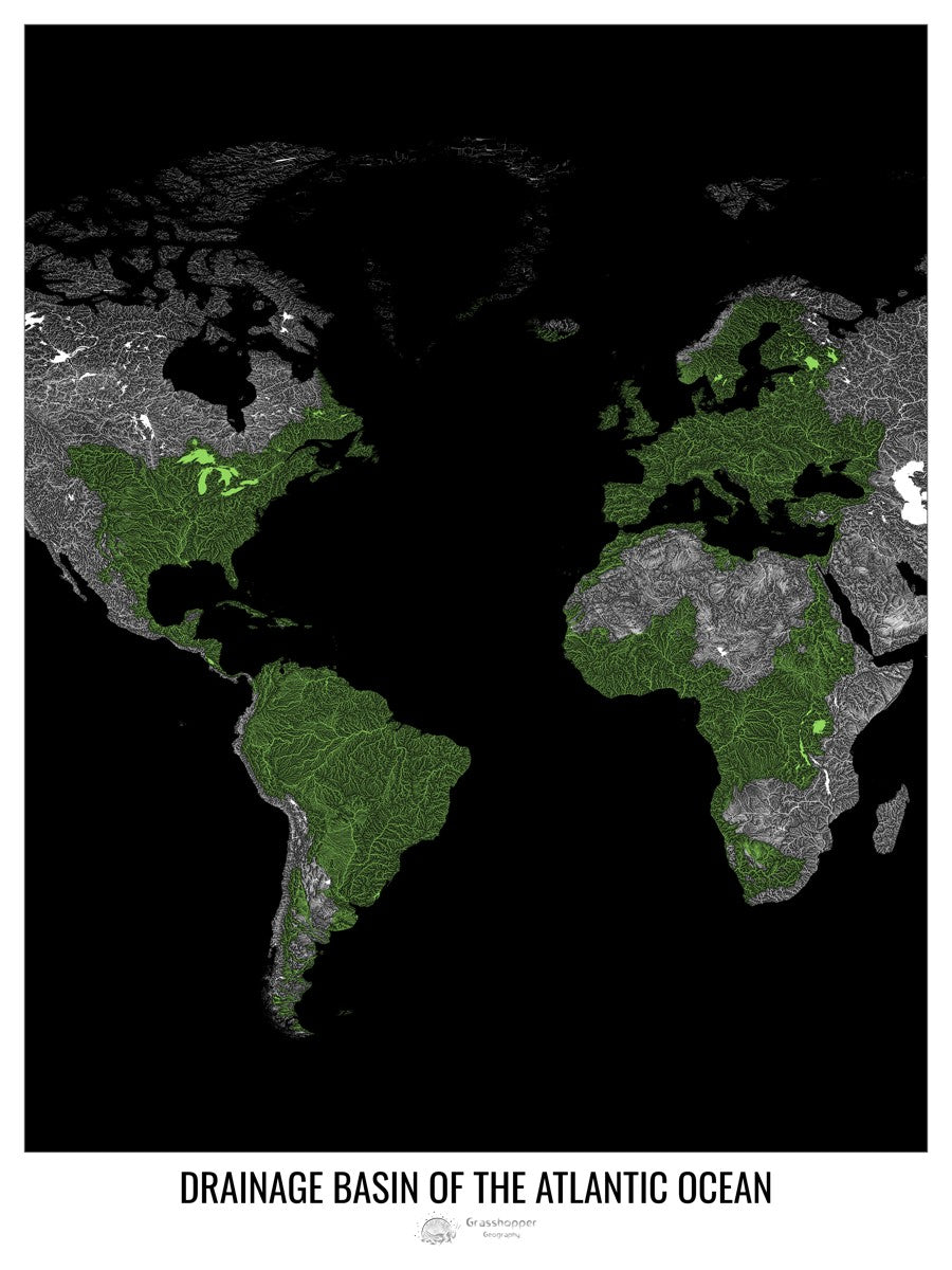 Drainage basin map of the Atlantic Ocean - black – Grasshopper Geography