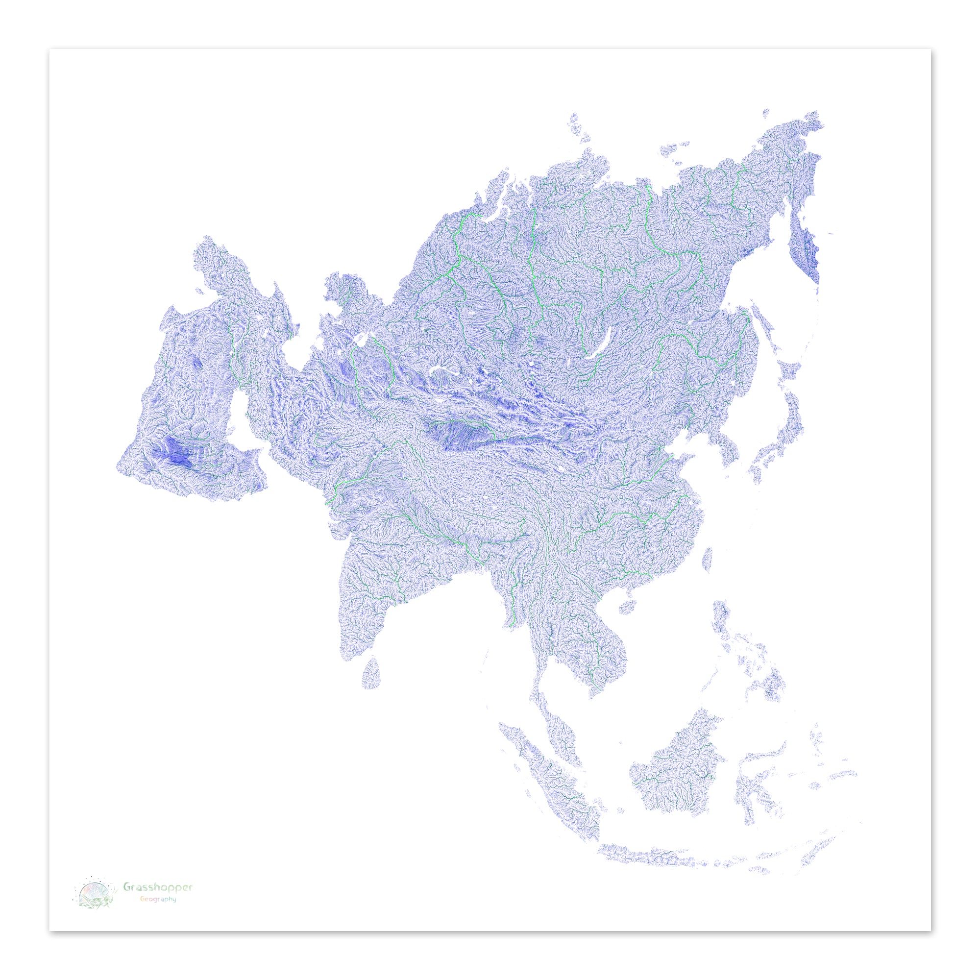 Asia - Blue and green river map on white - Fine Art Print – Grasshopper ...