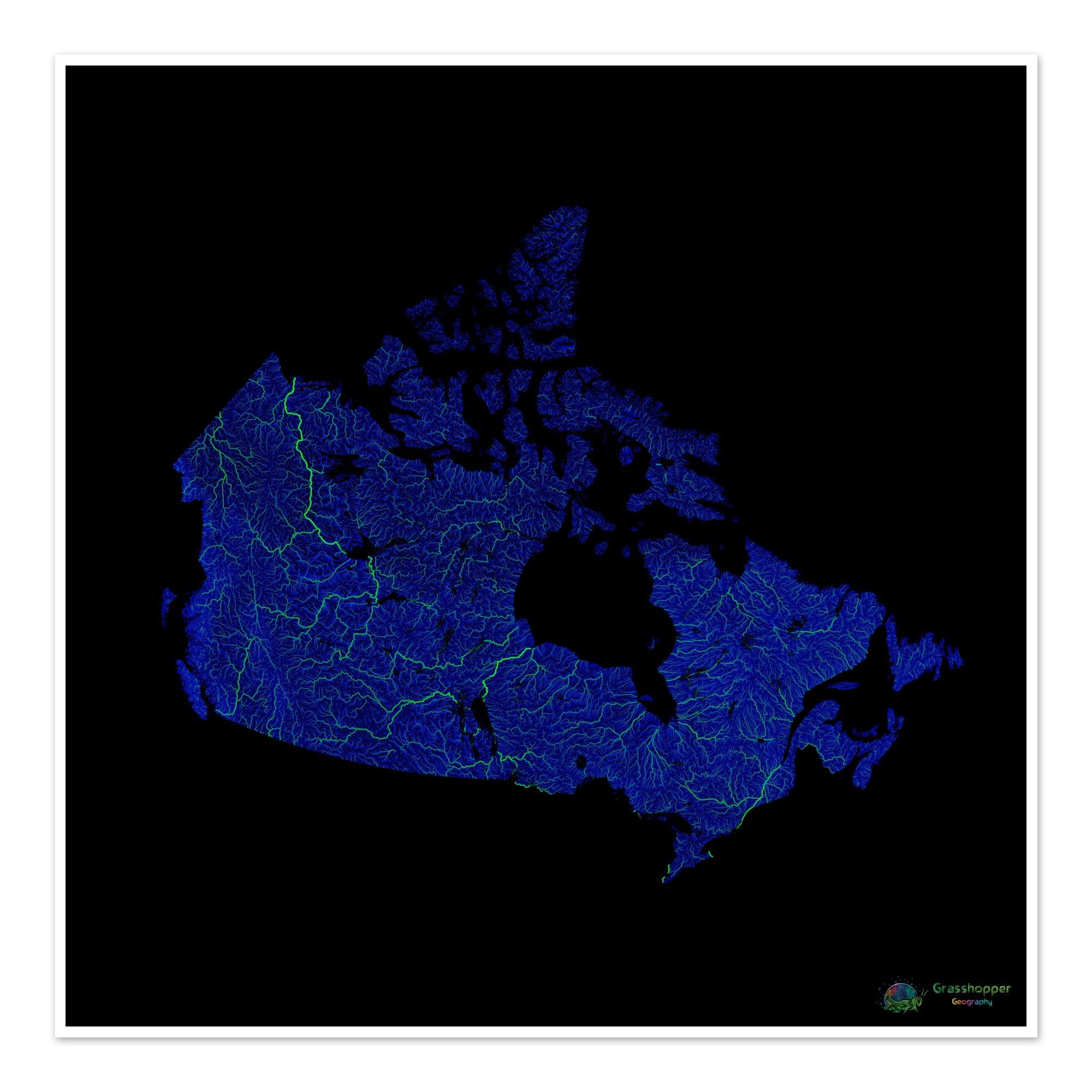 Canada - Blue and green river map on black - Fine Art Print ...
