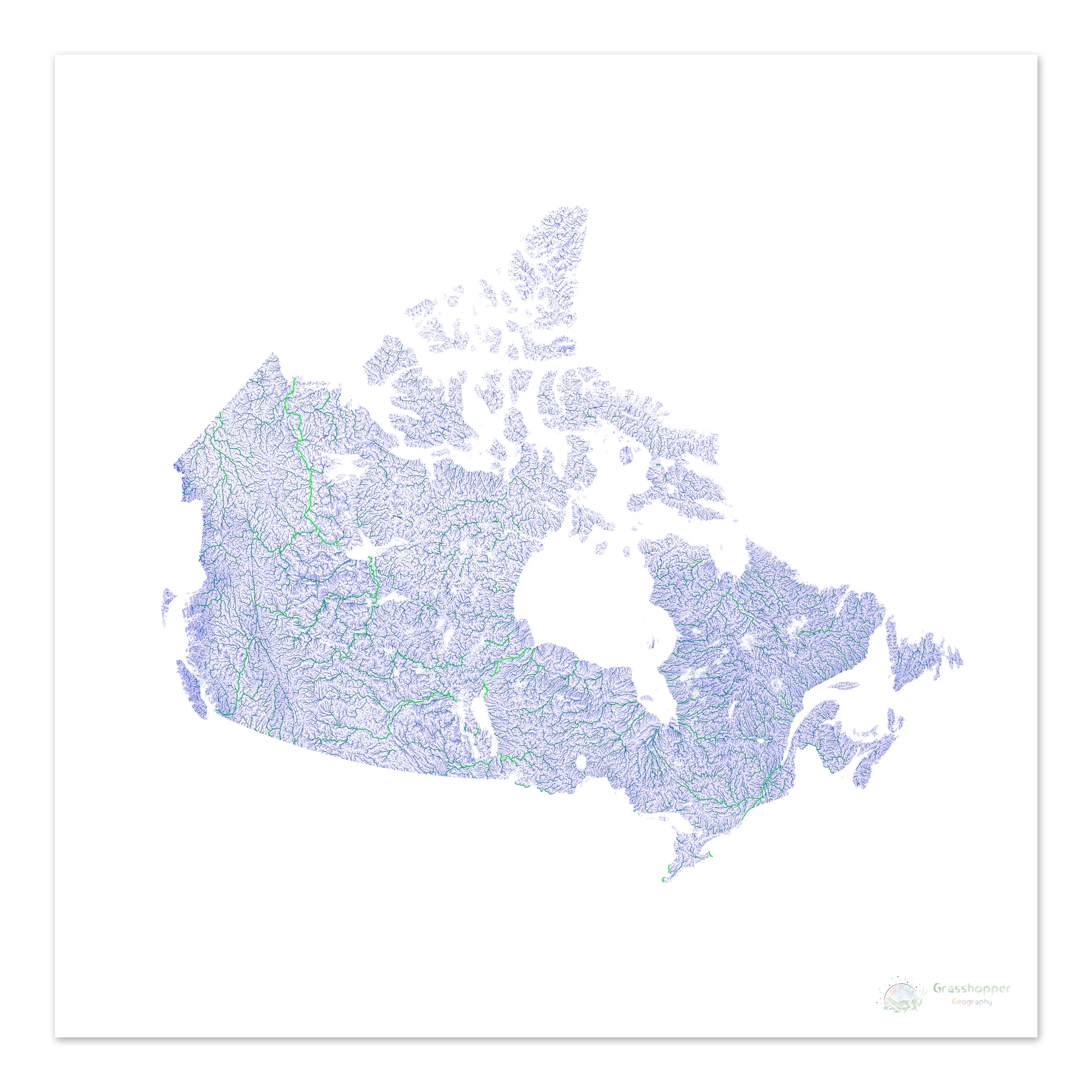 Canada - Blue and green river map on white - Fine Art Print ...