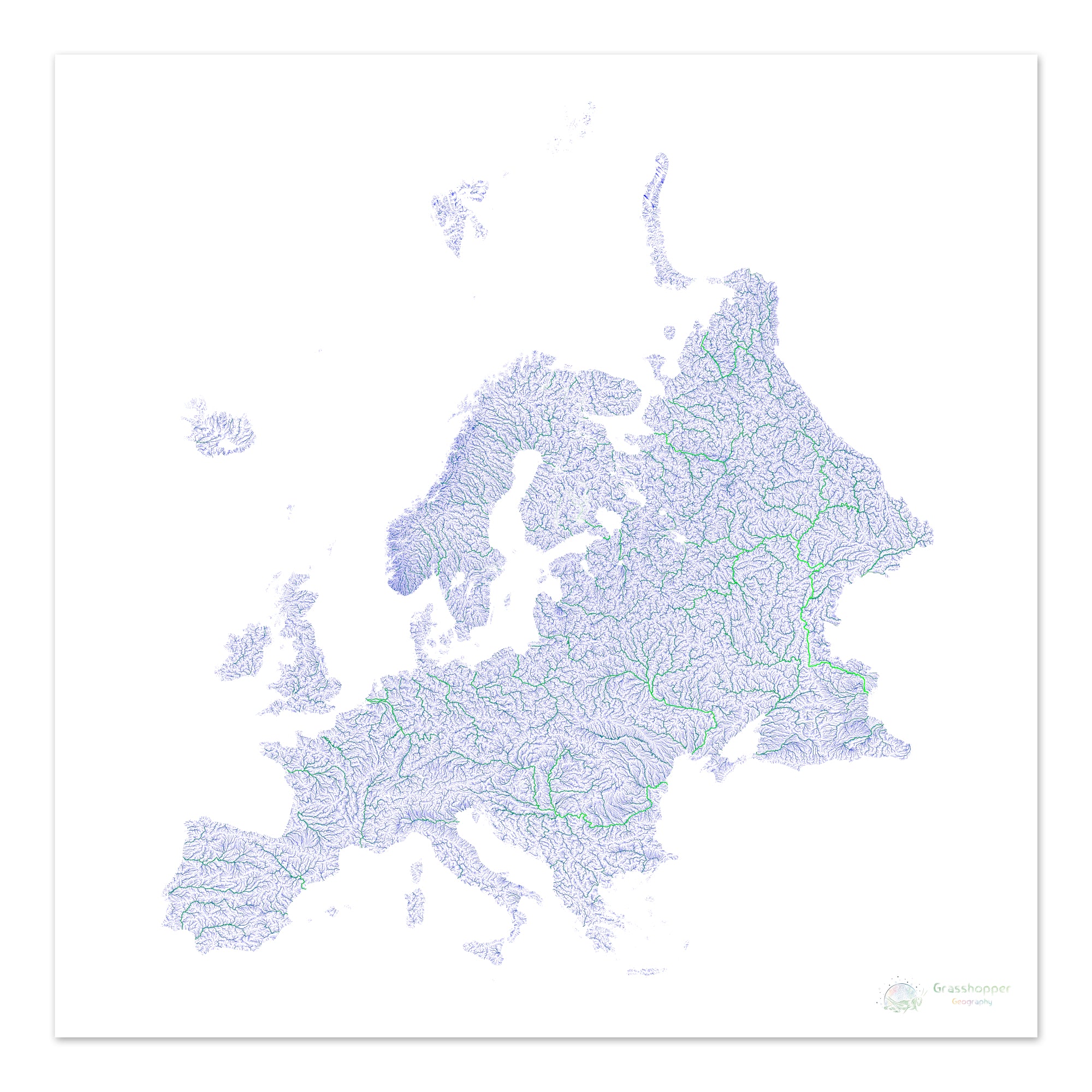 Europe - Blue and green river map on white - Fine Art Print ...