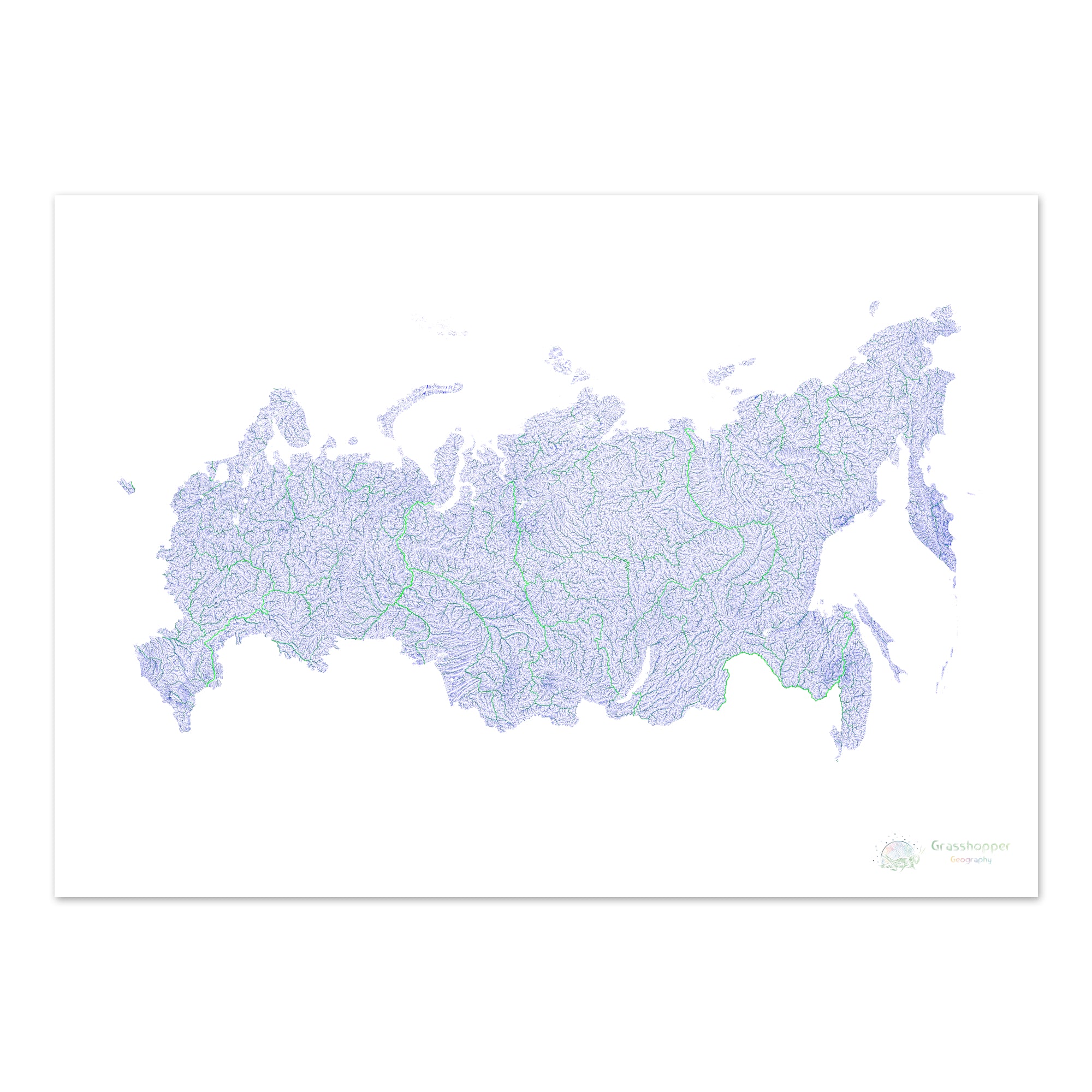 Russia - Blue and green river map on white - Fine Art Print ...