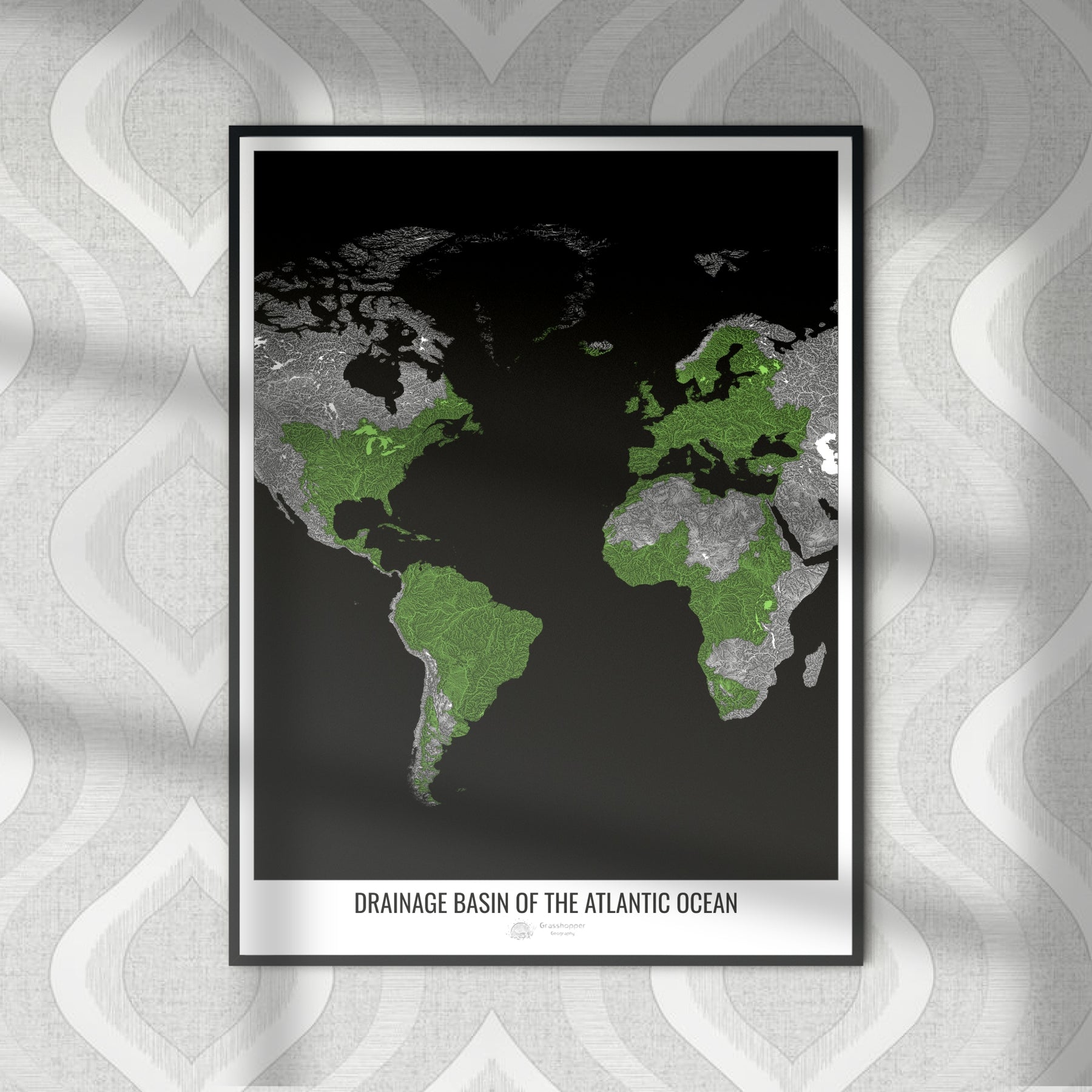 Atlantic Ocean - Drainage basin map, black v1 - Photo Art Print – Grasshopper Geography
