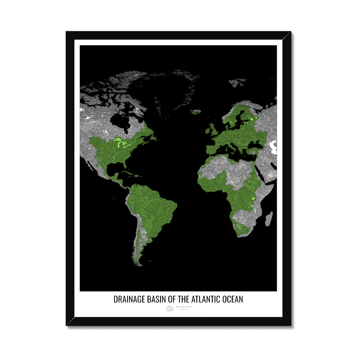 Atlantic Ocean Drainage Basin Map Black V1 Framed Print