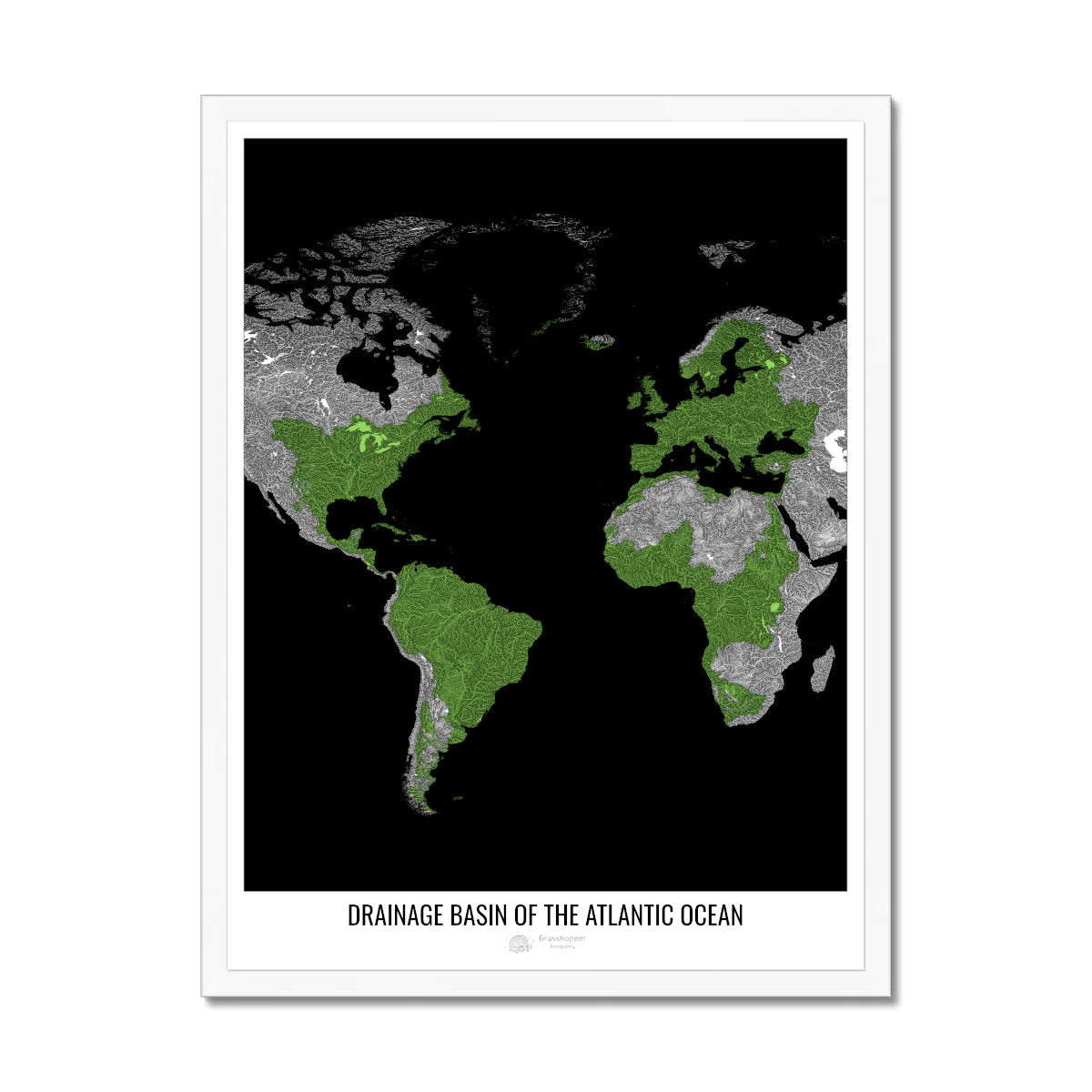 Atlantic Ocean Drainage Basin Map Black V1 Framed Print