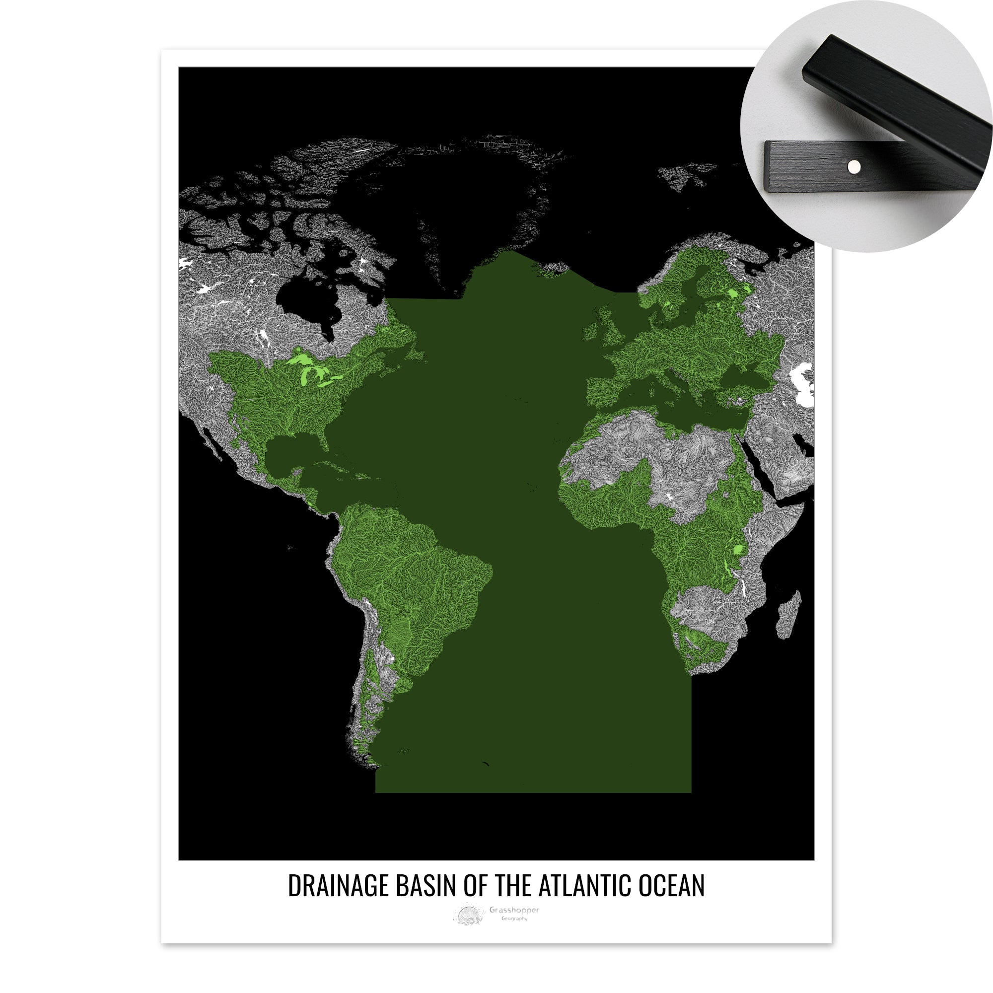 Atlantic Ocean Drainage Basin Map Black V2 Fine Art Print With Ha