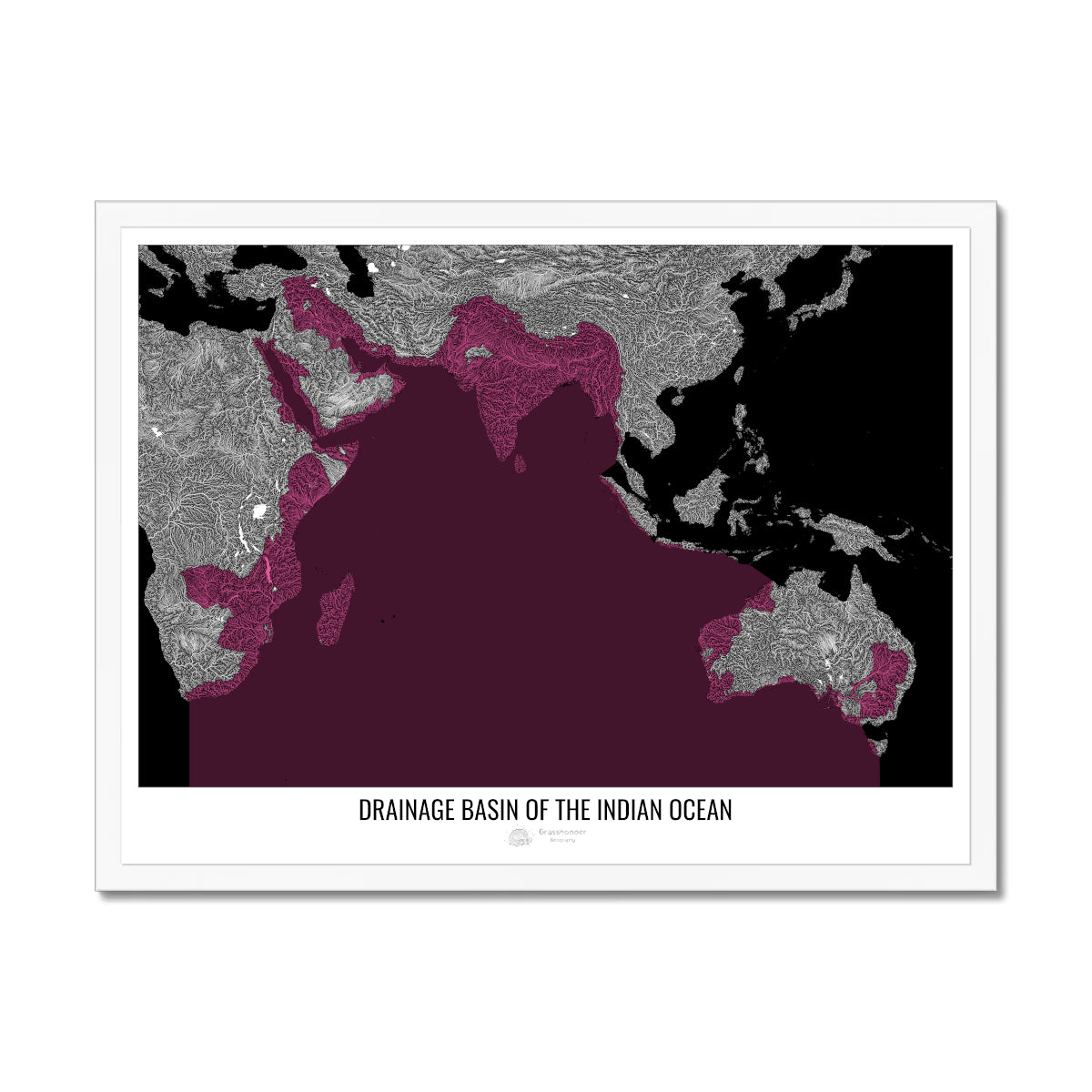 Indian Ocean Drainage Basin Map Black V2 Framed Print