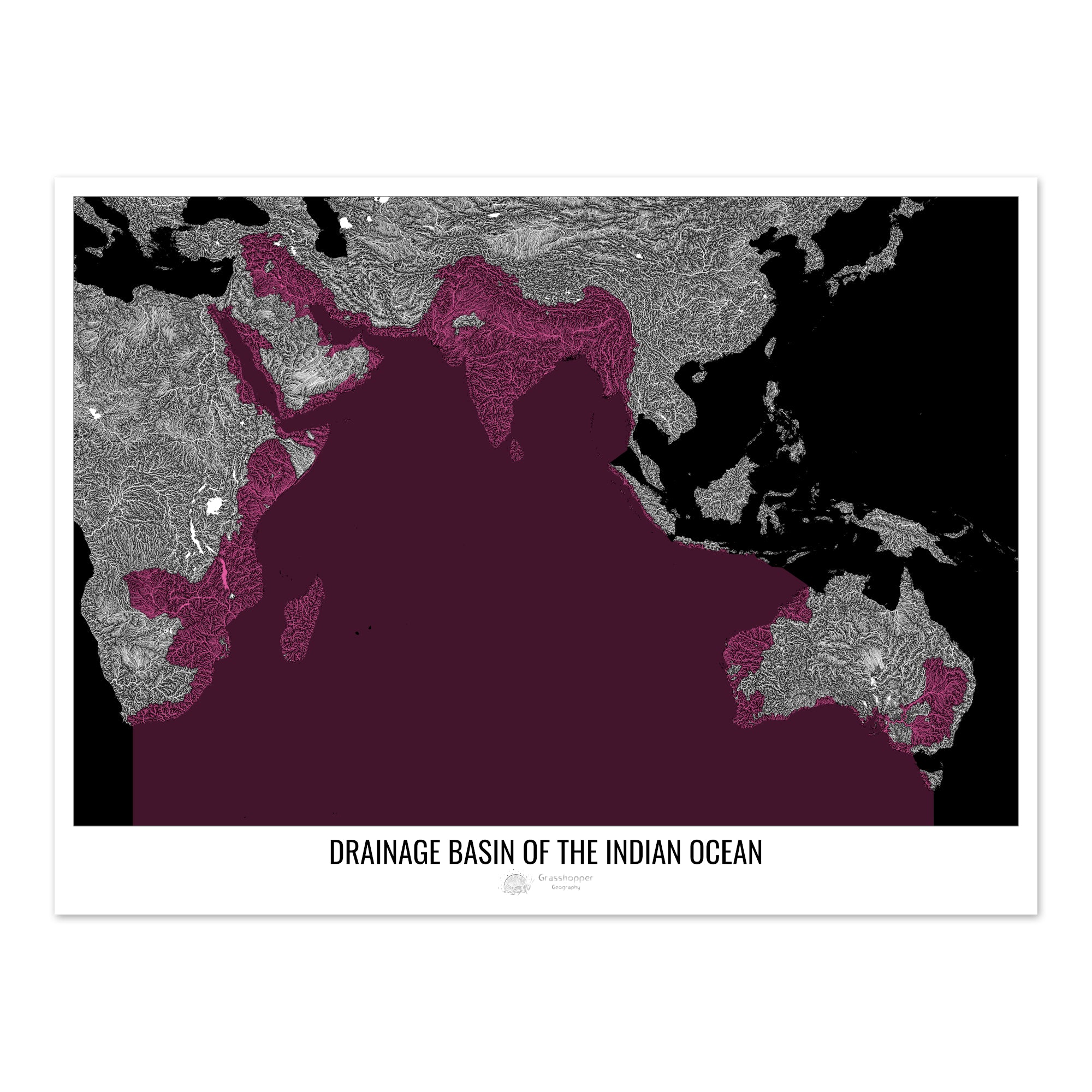Indian Ocean - Drainage basin map, black v2 - Fine Art Print ...