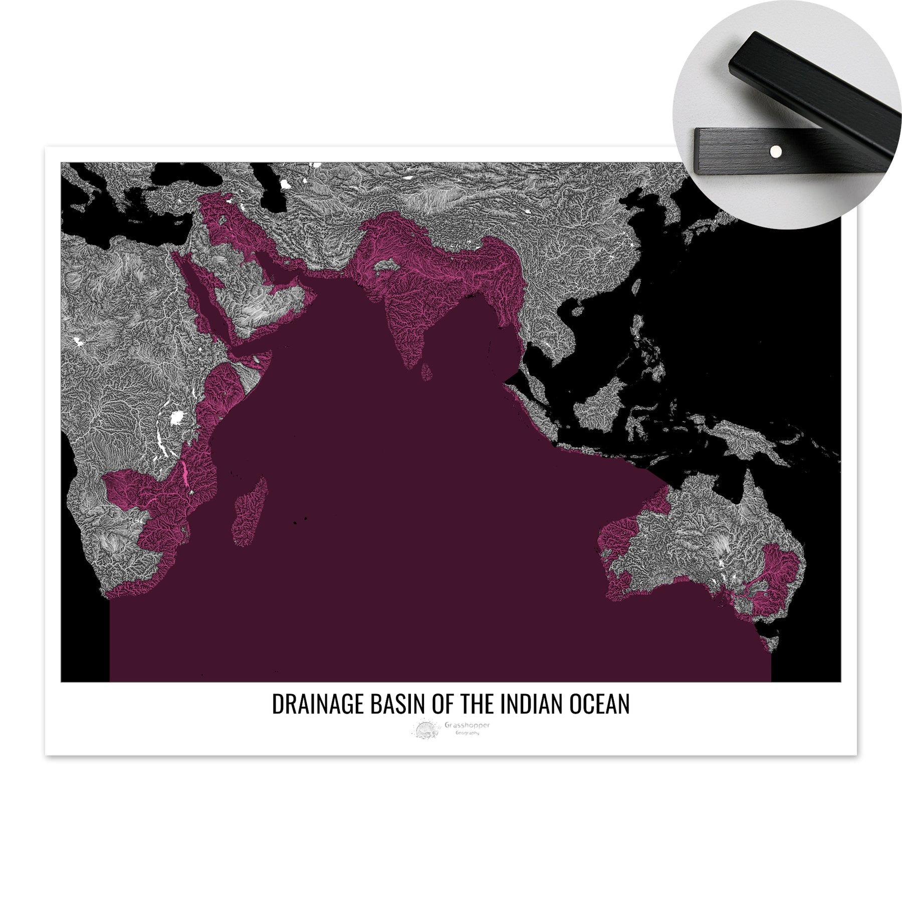 Indian Ocean - Drainage basin map, black v2 - Fine Art Print with Hang ...