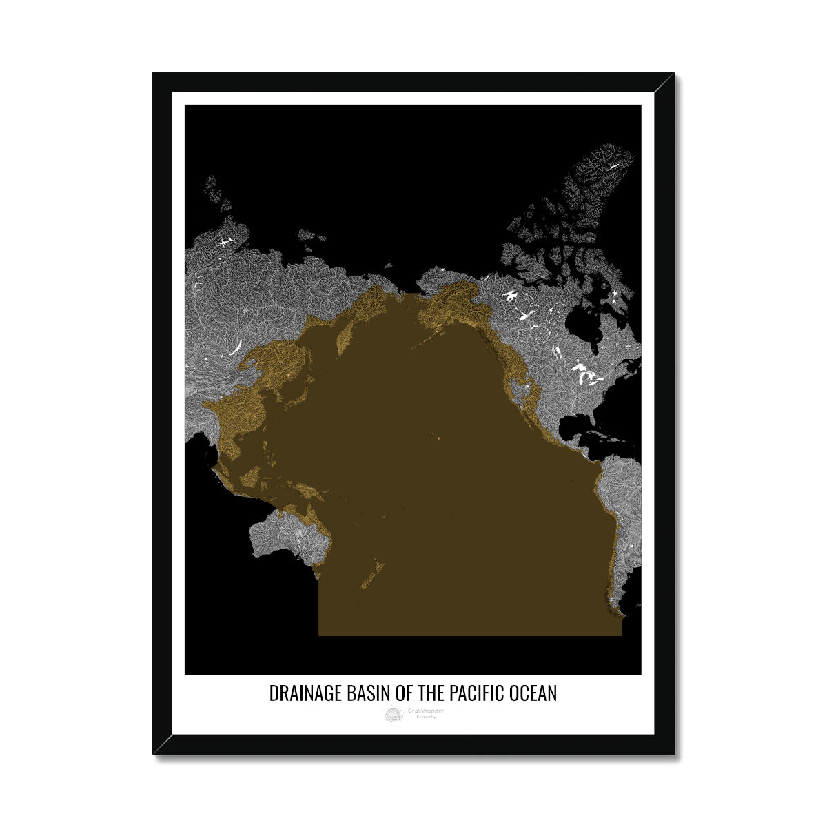 Pacific Ocean Drainage Basin Map Black V2 Framed Print