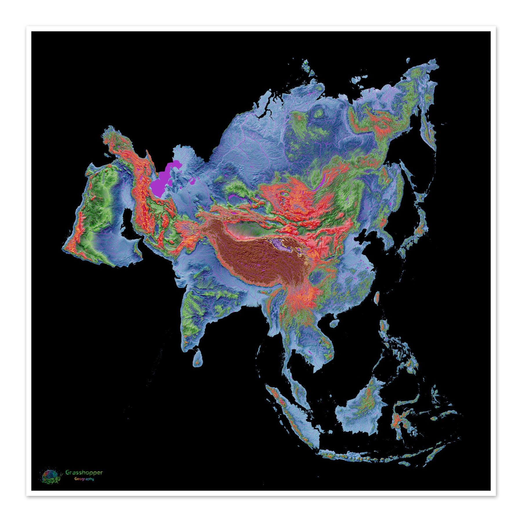 Asia - Elevation map, black - Fine Art Print – Grasshopper Geography