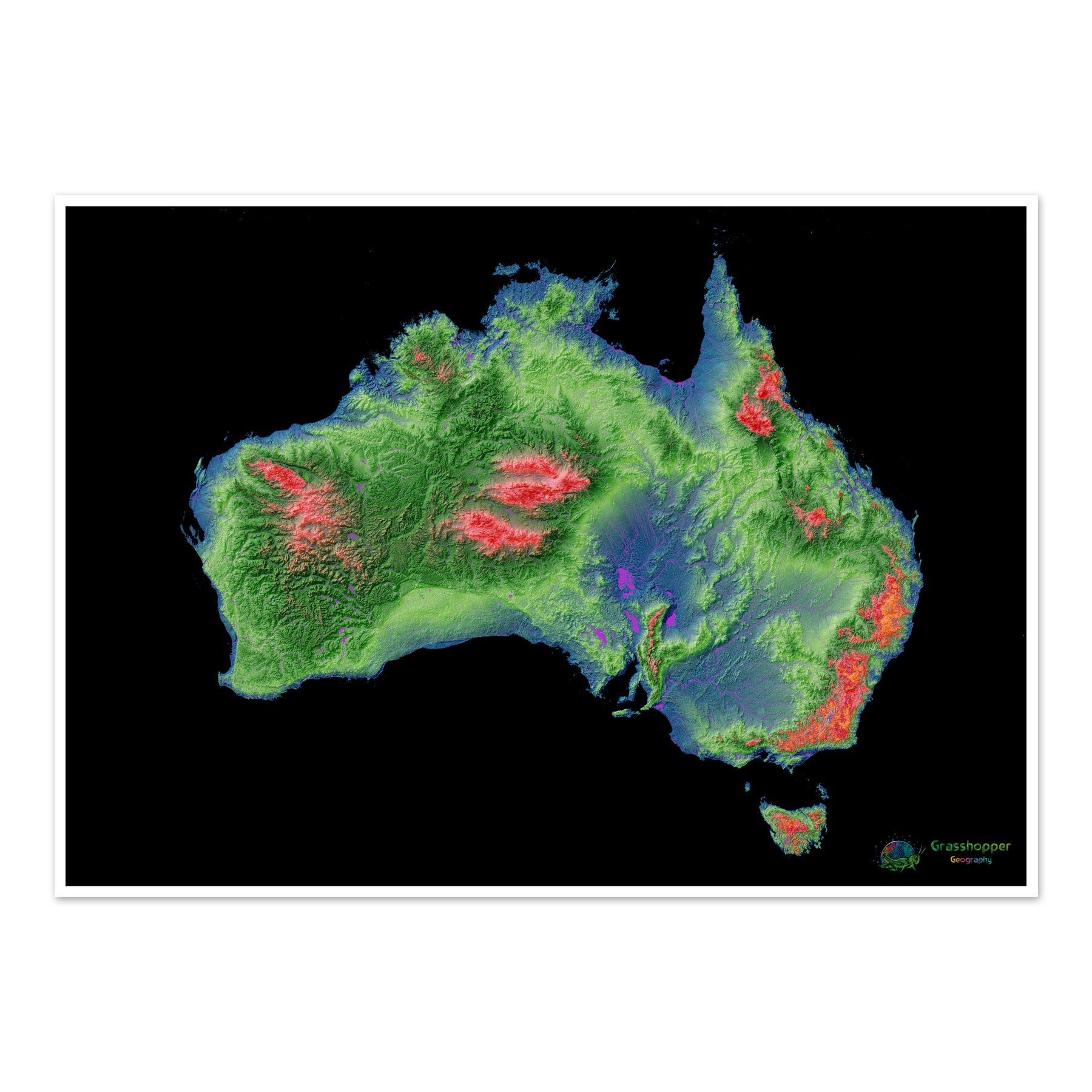 Australia - Elevation map, black - Fine Art Print – Grasshopper Geography
