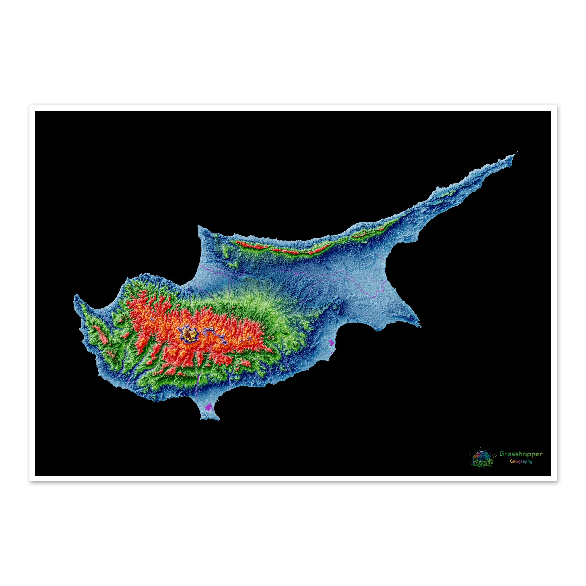 Cyprus - Elevation map, black - Fine Art Print – Grasshopper Geography