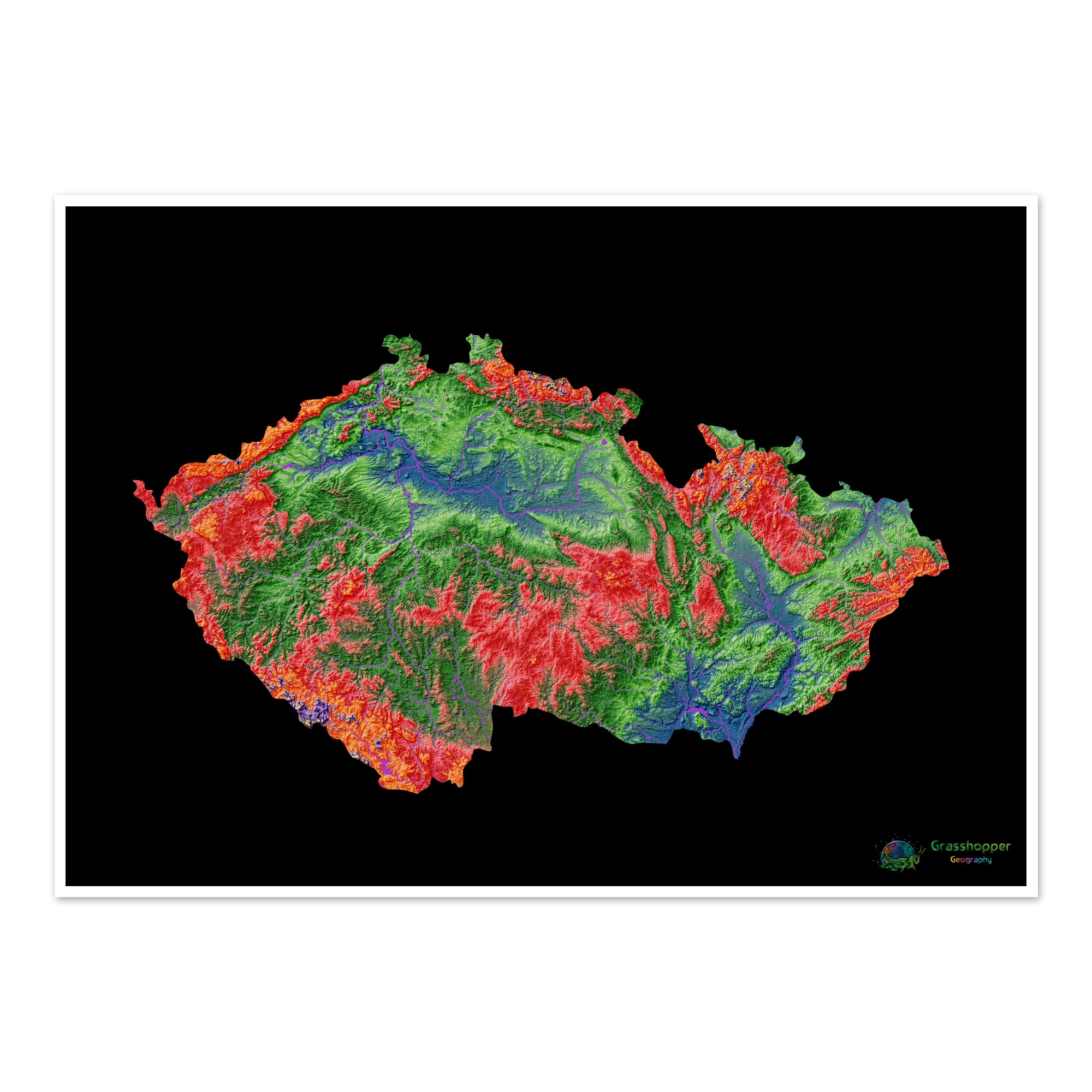Czechia - Elevation map, black - Fine Art Print – Grasshopper Geography