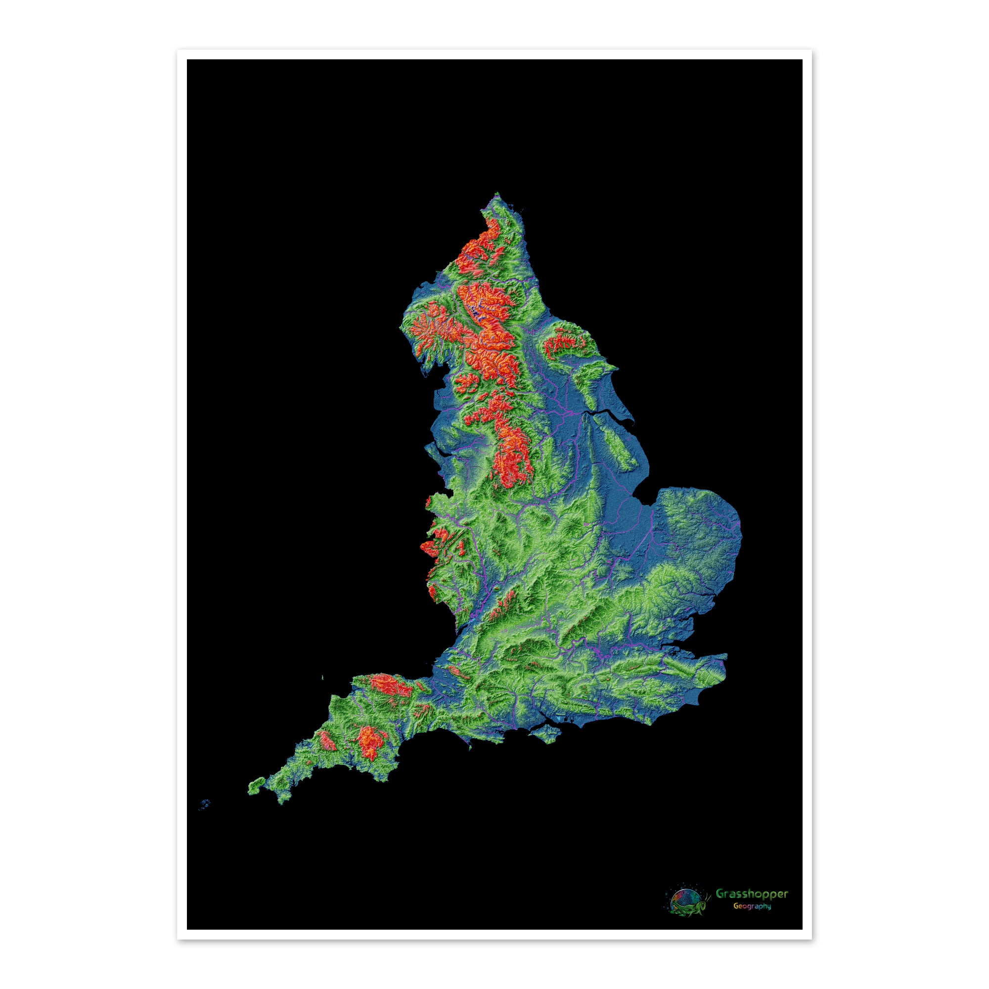 England - Elevation map, black - Fine Art Print – Grasshopper Geography