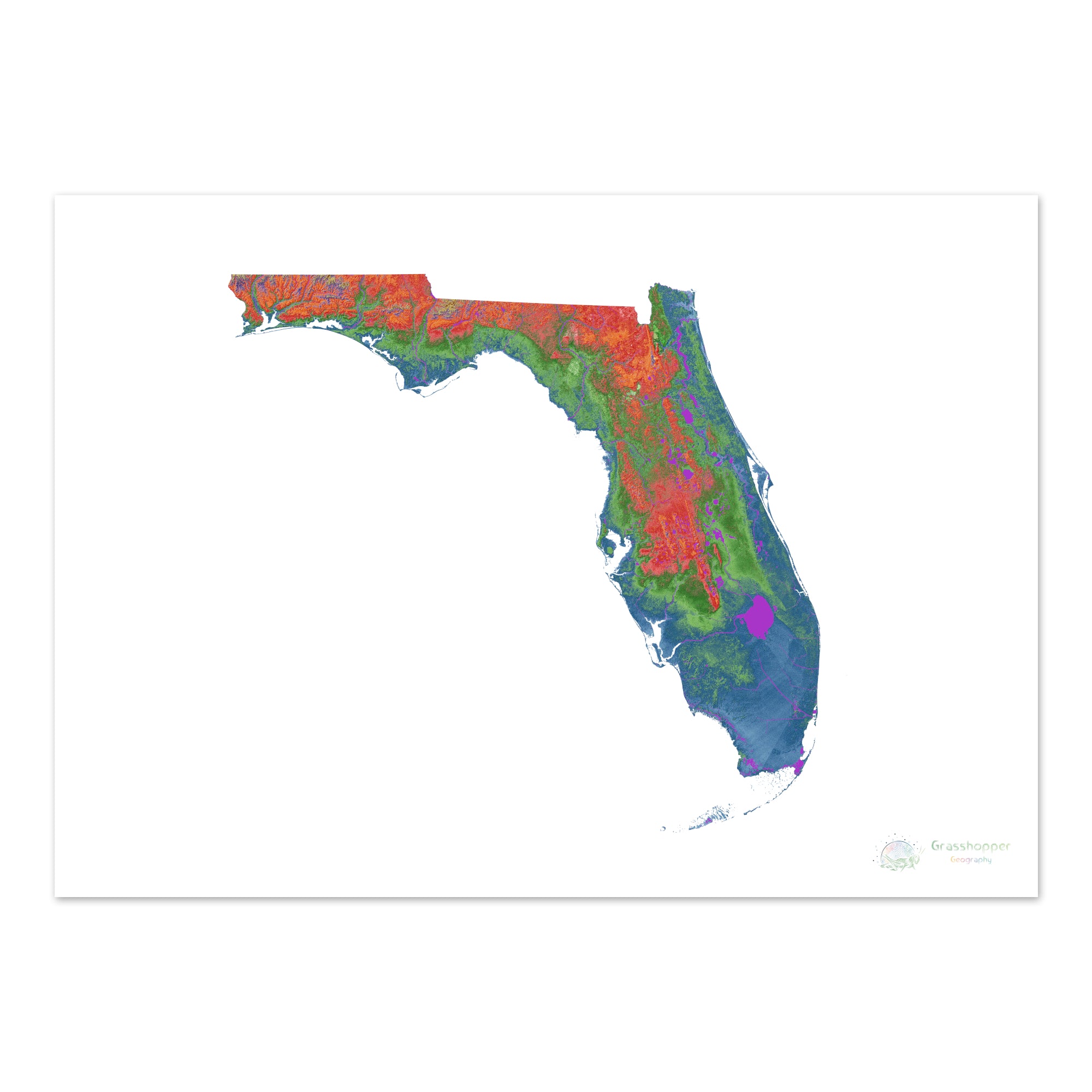 Florida - Elevation map, white - Fine Art Print – Grasshopper Geography