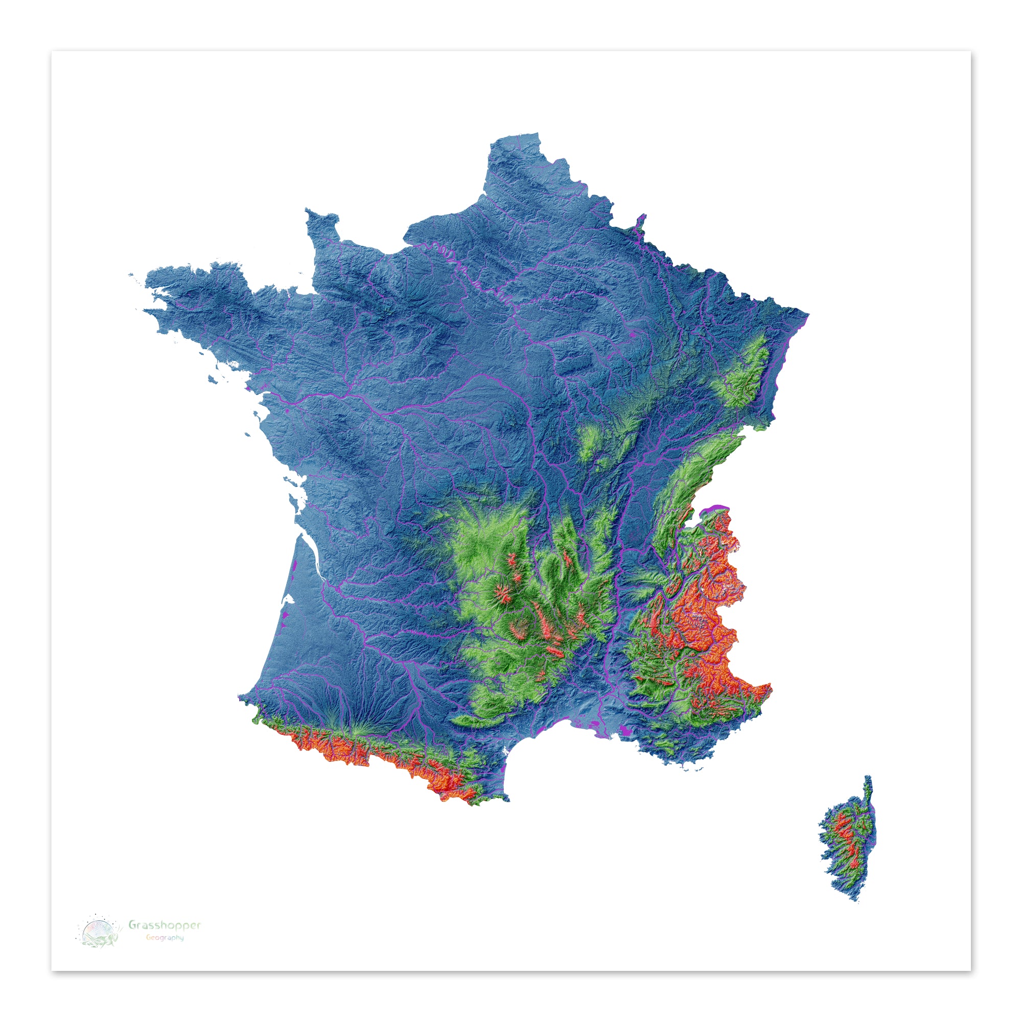 France - Elevation map, white - Fine Art Print – Grasshopper Geography