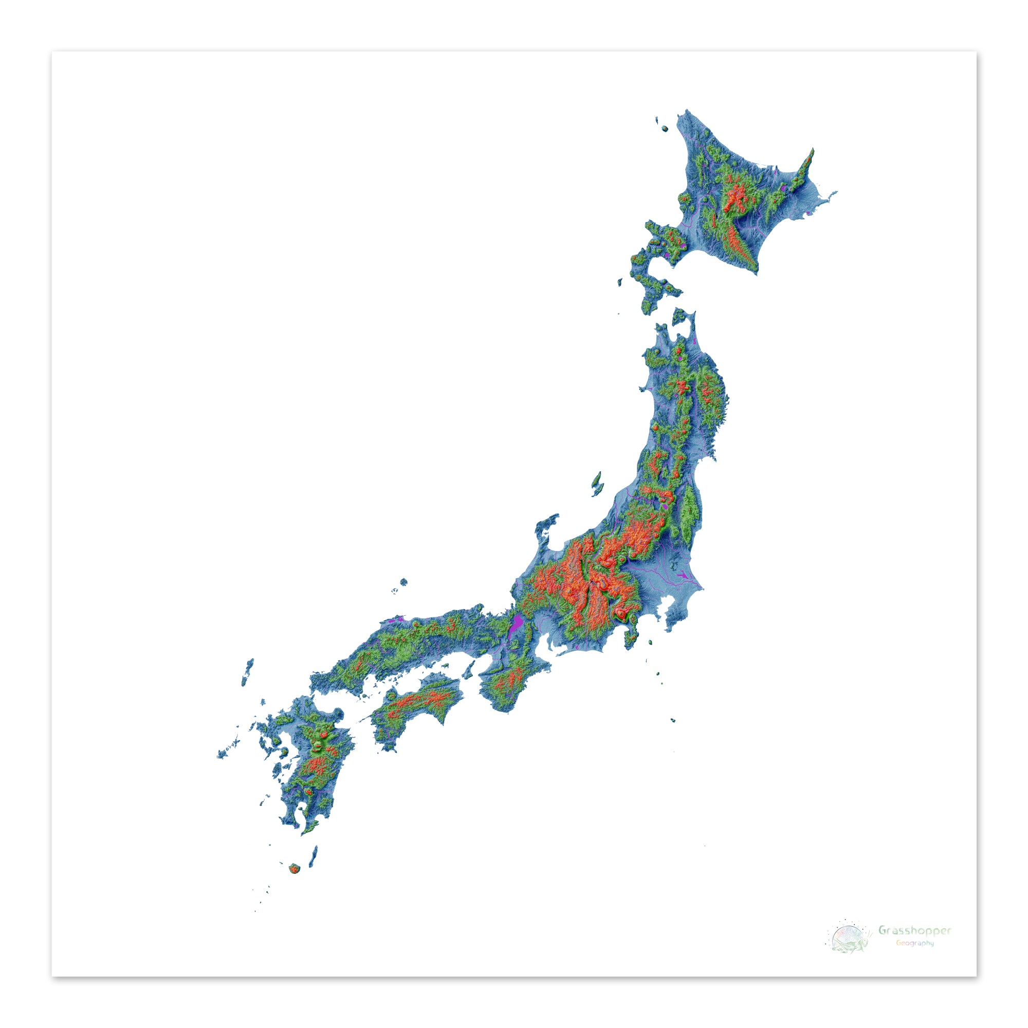 Japan - Elevation map, white - Fine Art Print – Grasshopper Geography
